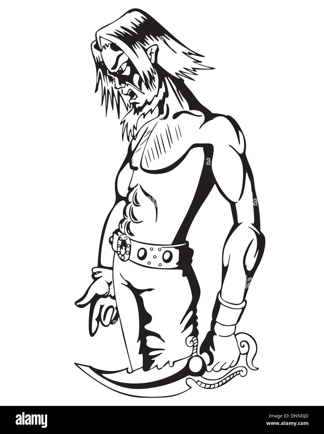 Fantasy guy with dagger. Black and white vector illustration Stock ...