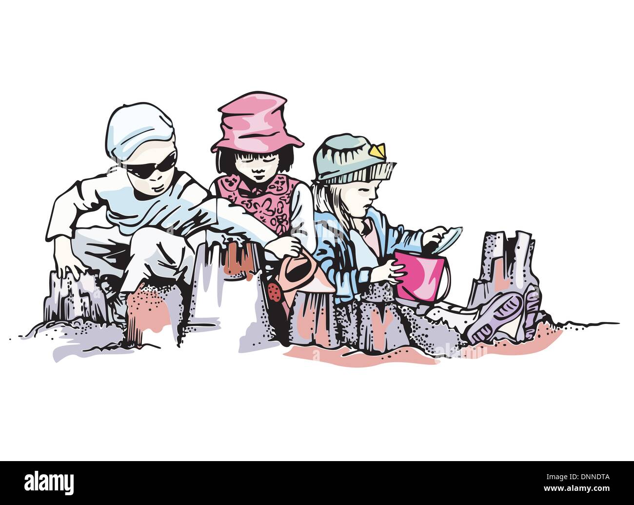 Kids build sand castle on beach. Color vector illustration Stock Vector ...