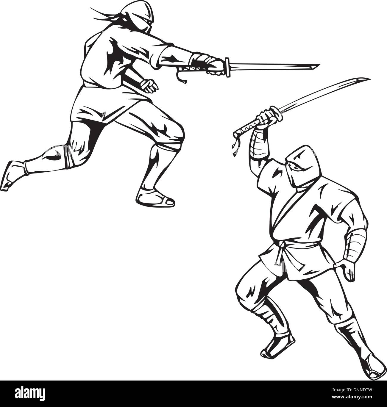 Two ninjas. Set of black and white vector illustrations Stock Vector ...
