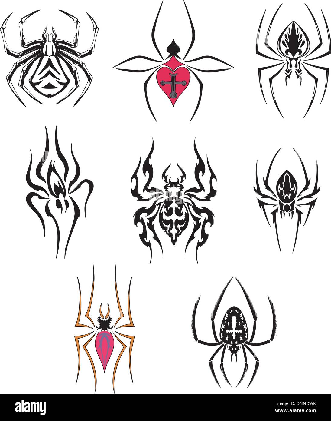 Stylized spiders. Set of color and black/white vector illustrations ...