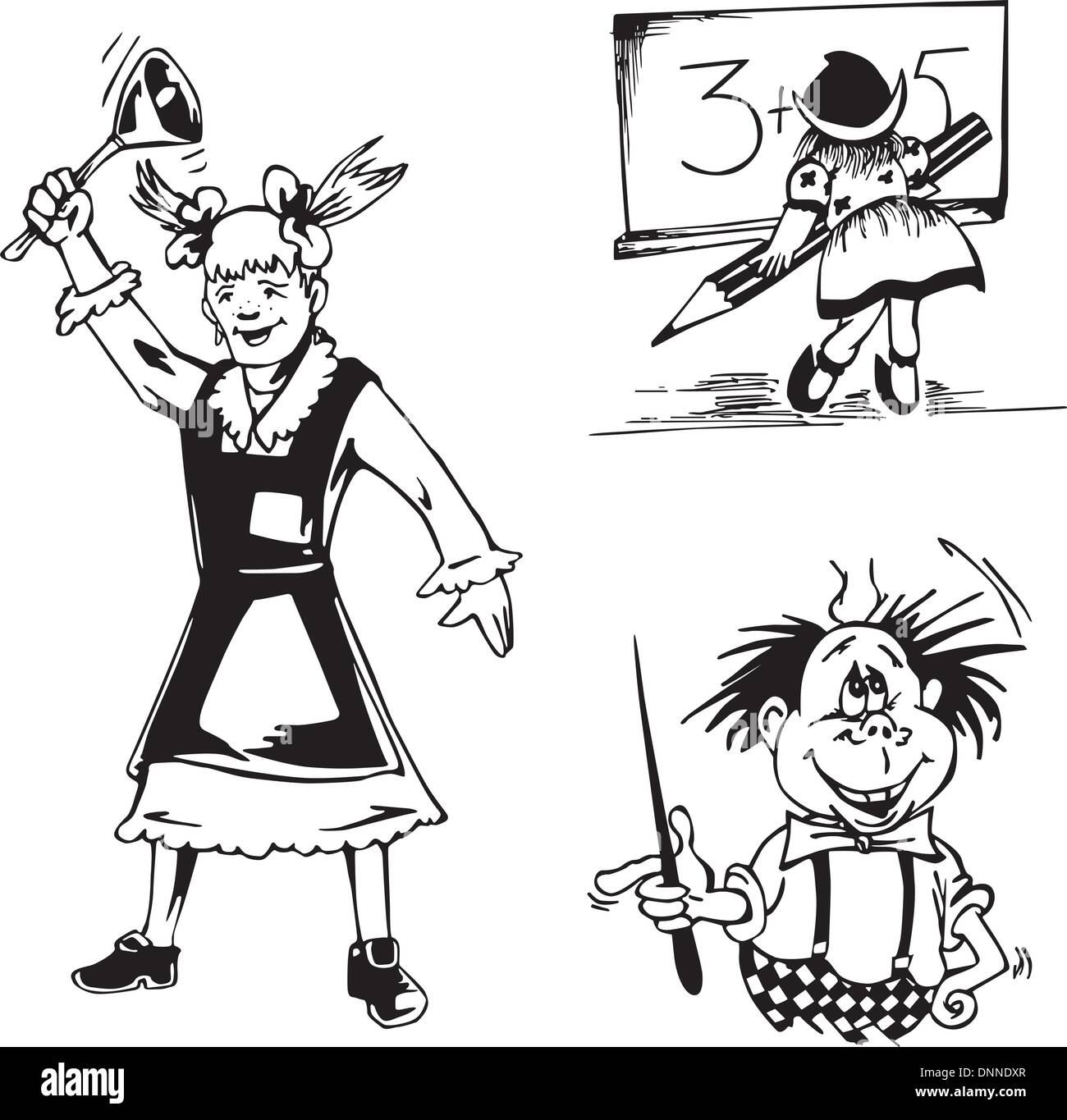 Set of school cartoons. Black and white vector illustrations Stock ...