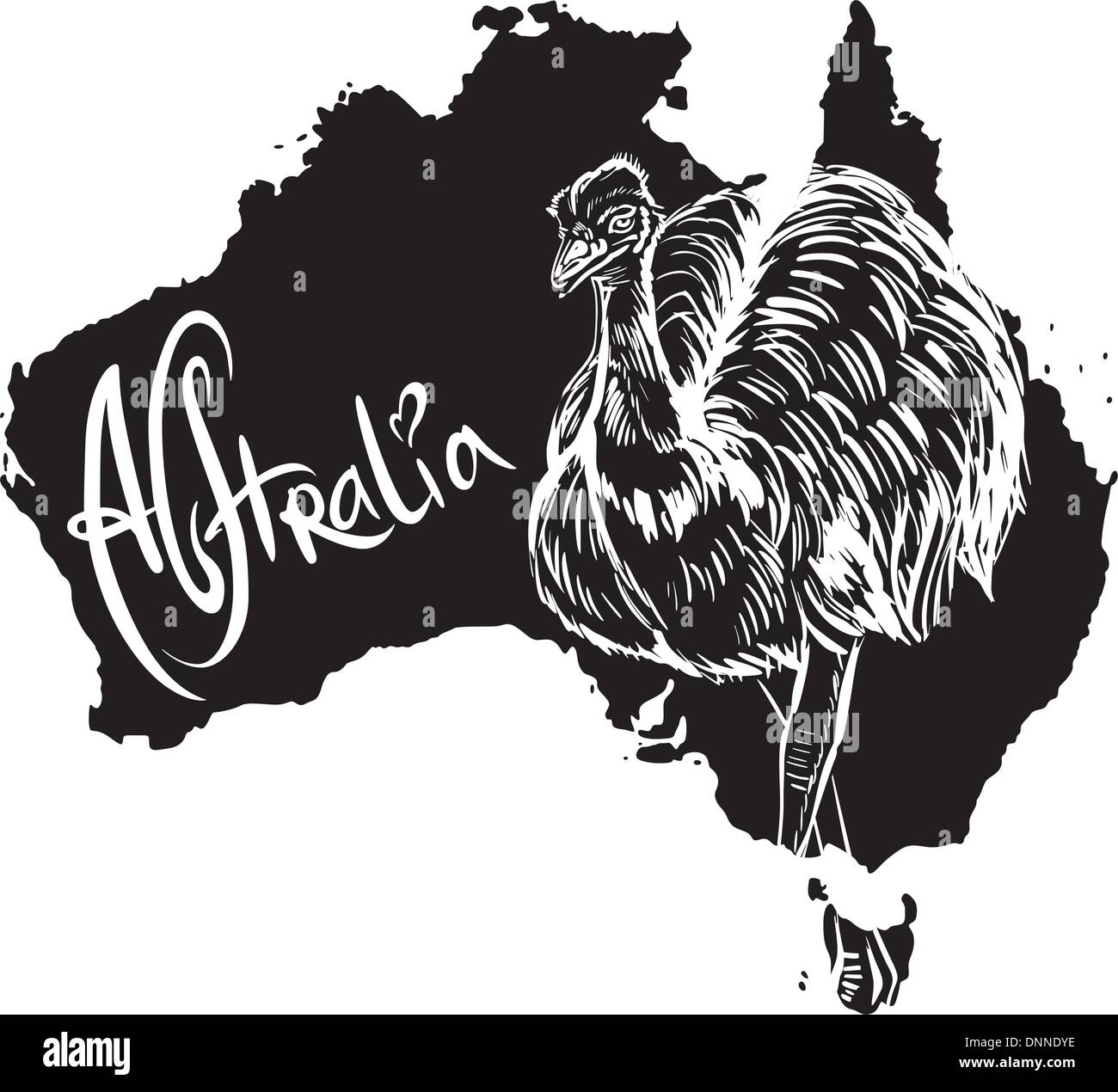 Emu (Dromaius novaehollandiae) on map of Australia. Black and white ...
