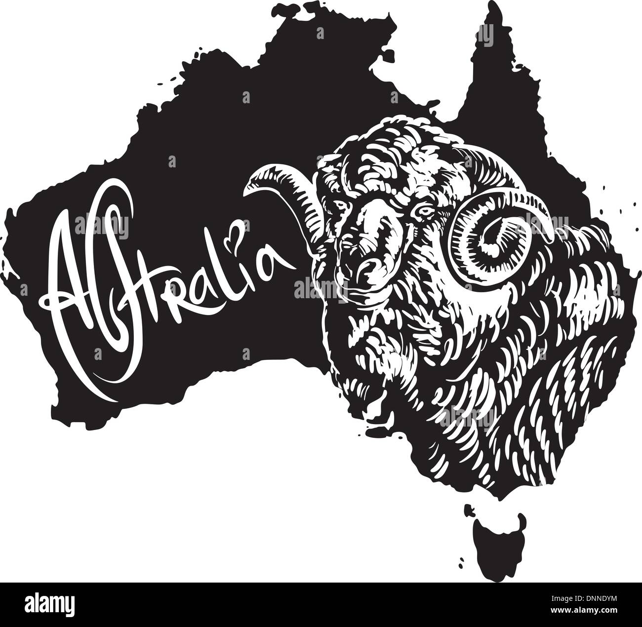 Merino ram on map of Australia. Black and white vector illustration ...