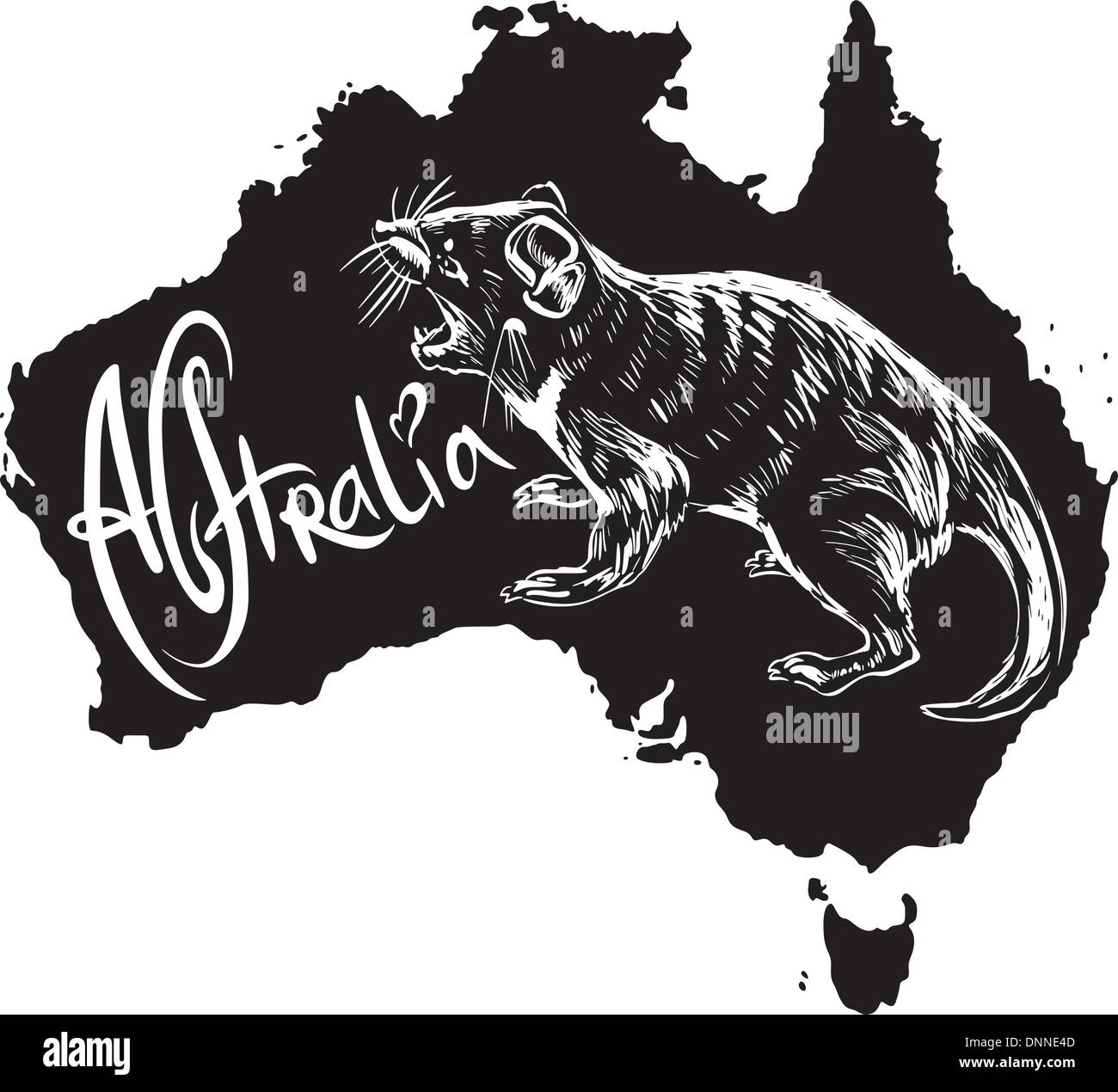 Tasmanian devil (Sarcophilus harrisii) on map of Australia. Black and ...