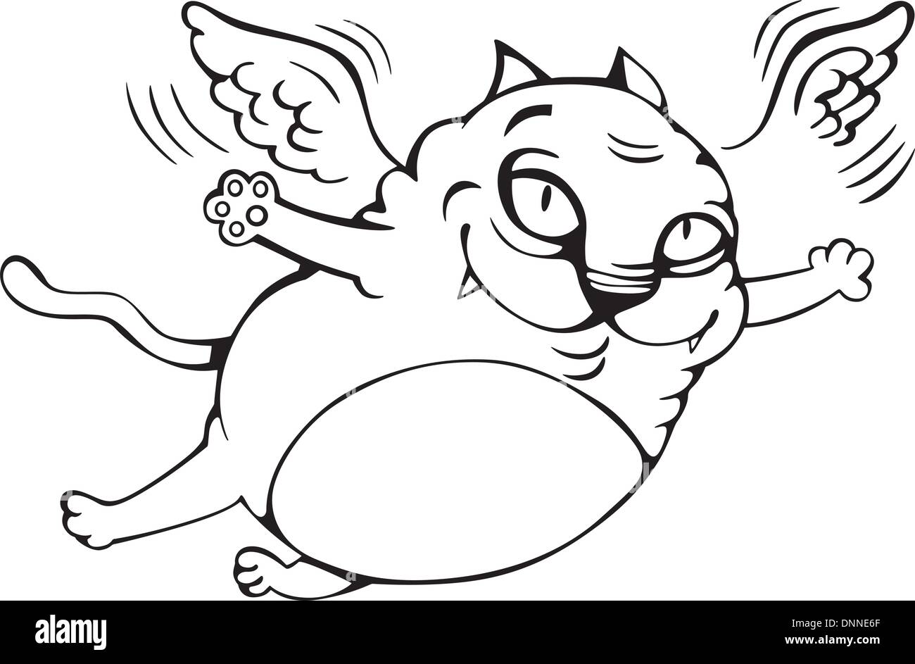 Nice winged cat in-flight. Vector EPS Illustration, black and white ...