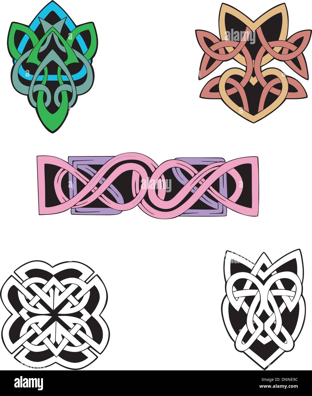 Four miscellaneous knot dingbat designs and a knot border pattern ...