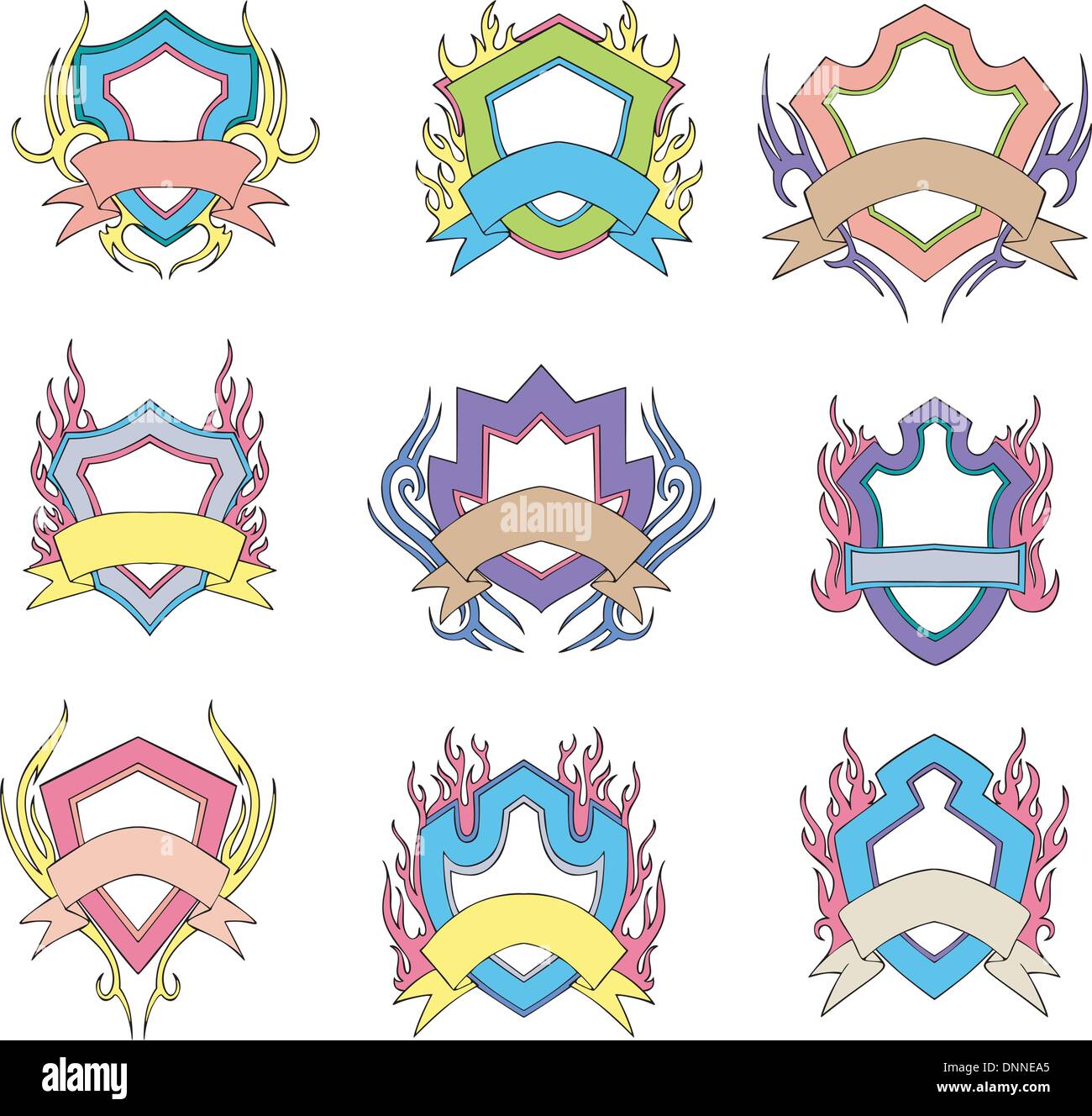 Stylized shields with motto ribbons. Templates. Set of vector ...