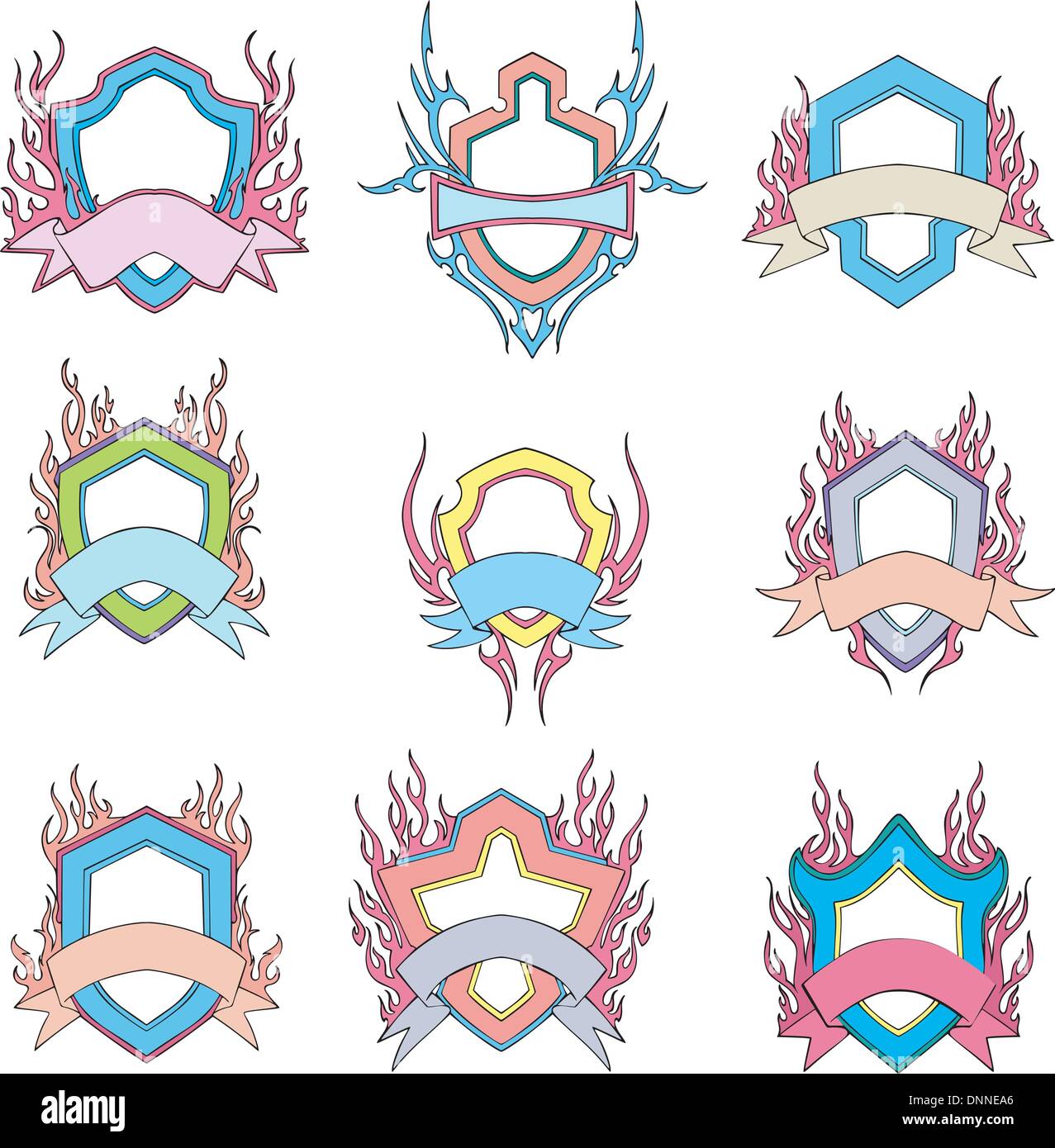 Stylized shields with motto ribbons. Templates. Set of vector ...