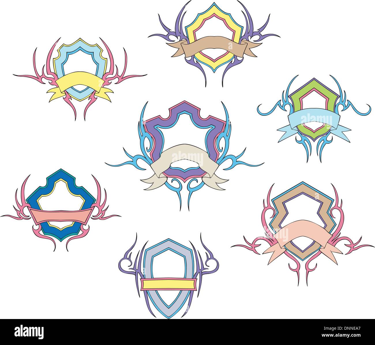 Stylized shields with motto ribbons. Templates. Set of vector ...