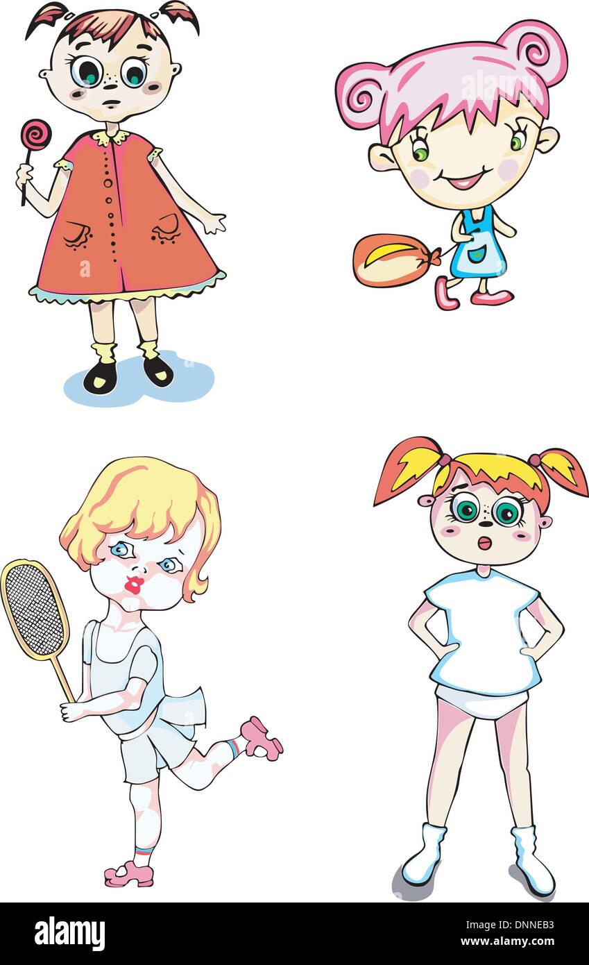 Little happy girls. Set of color vector illustrations Stock Vector ...