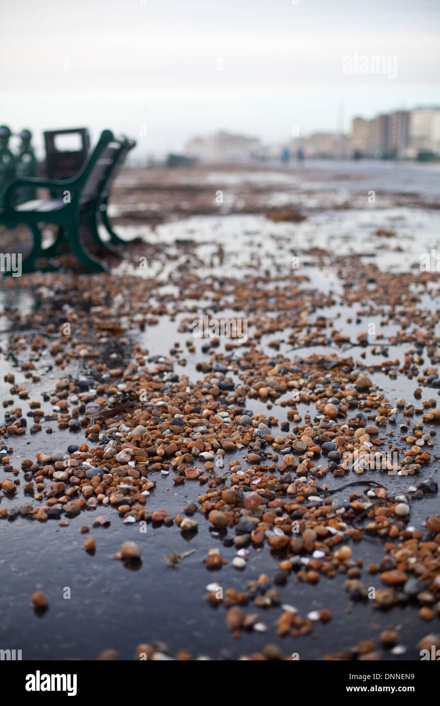 Brighton Promenade after UK Storms in December 2013 showing the pebbles ...