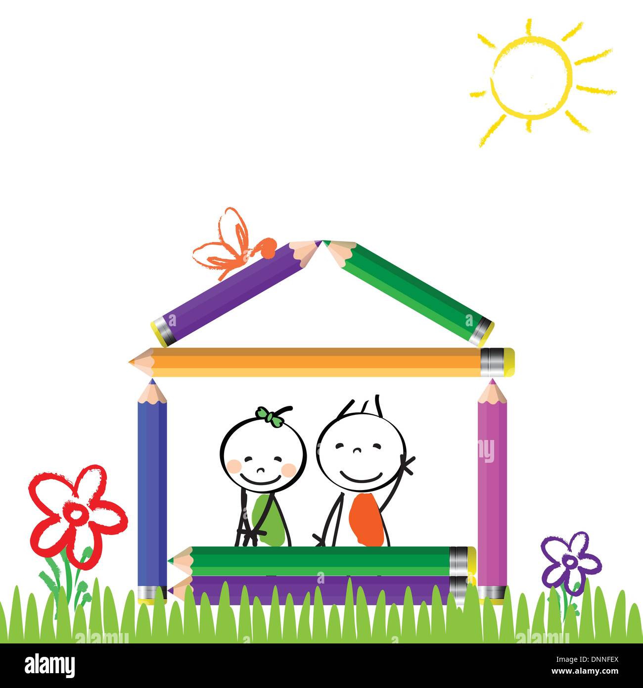 Happy colorful kids on house with crayons Stock Vector Image & Art - Alamy