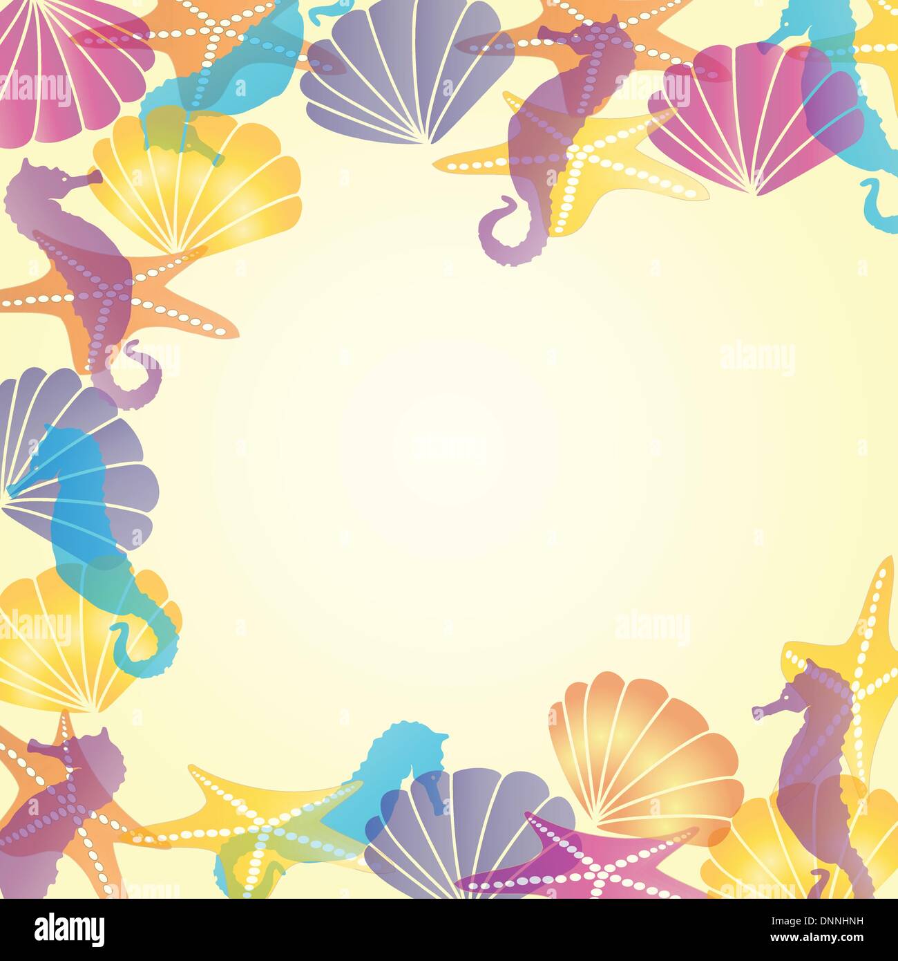 Colorful sea card with shells and sea horses Stock Vector Image & Art ...