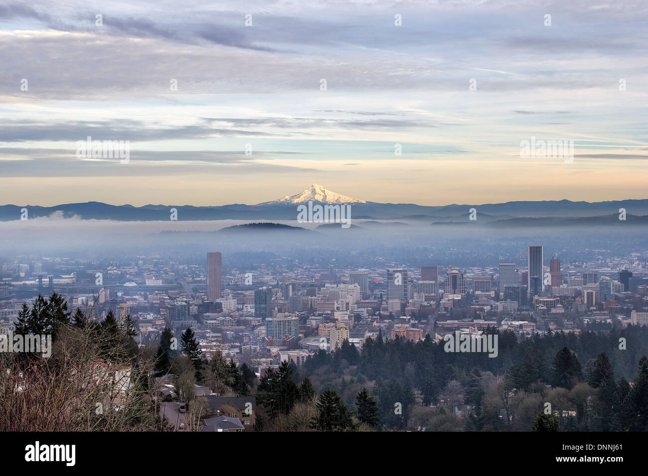 Portland Oregon Downtown Foggy Cityscape Skyline with Mount Hood at ...