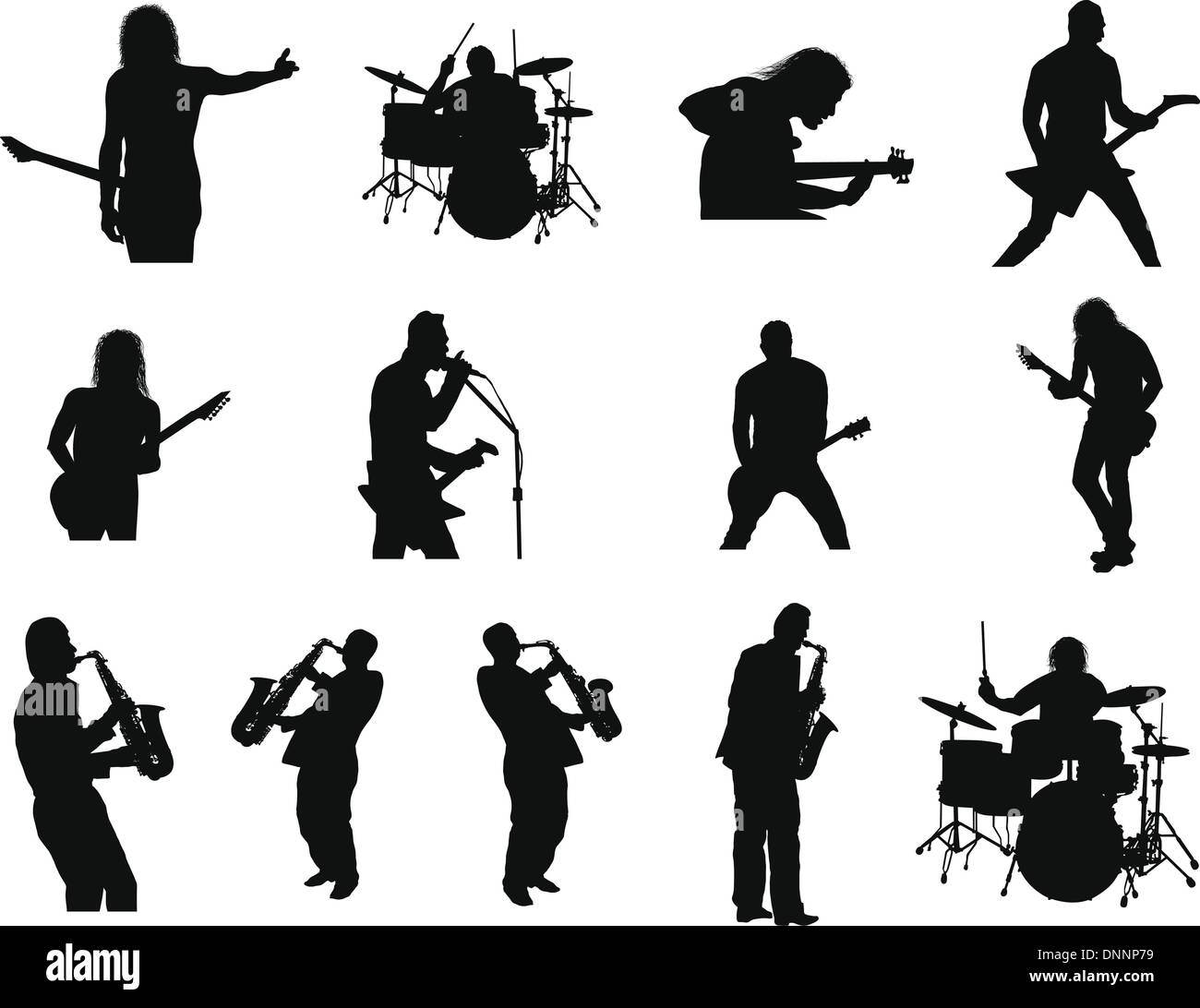 Collection of different rock and jazz silhouettes. Vector illustration ...