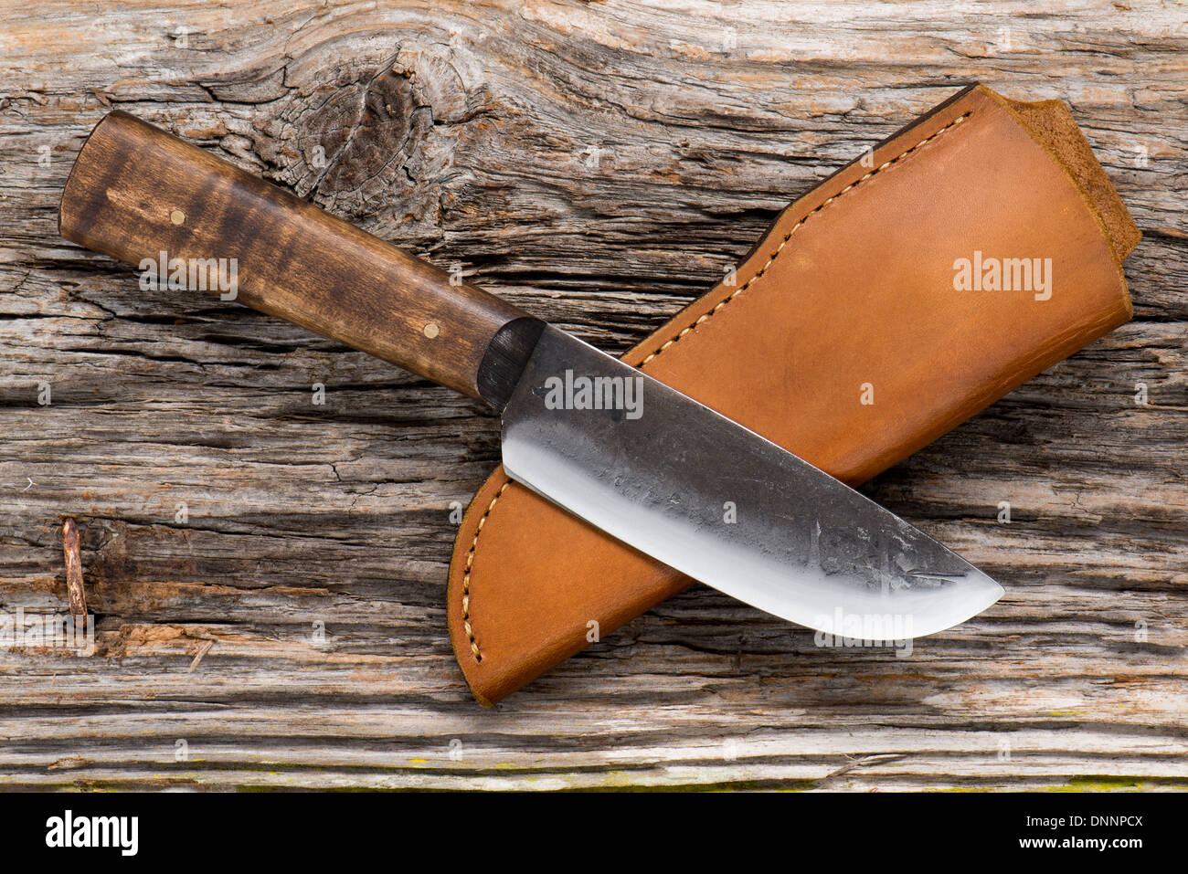 Hand forged, fixed blade knife with maple handle and leather sheath ...