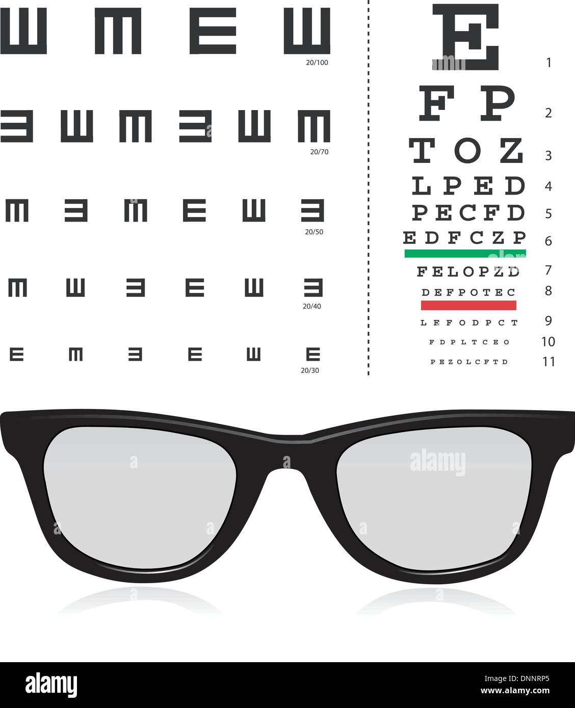 vector Snellen eye test chart with glass isolated on white background ...
