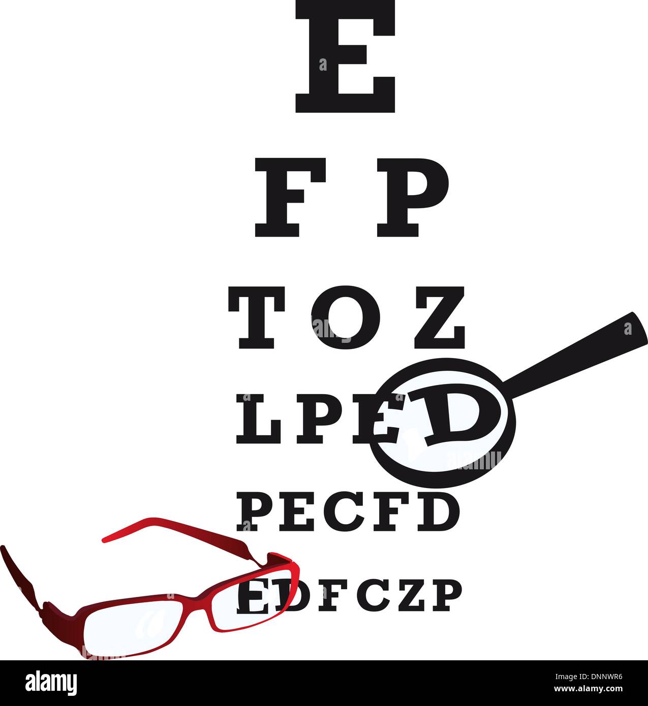 Test alphabet in oculist room with glasses and loupe. Vector ...