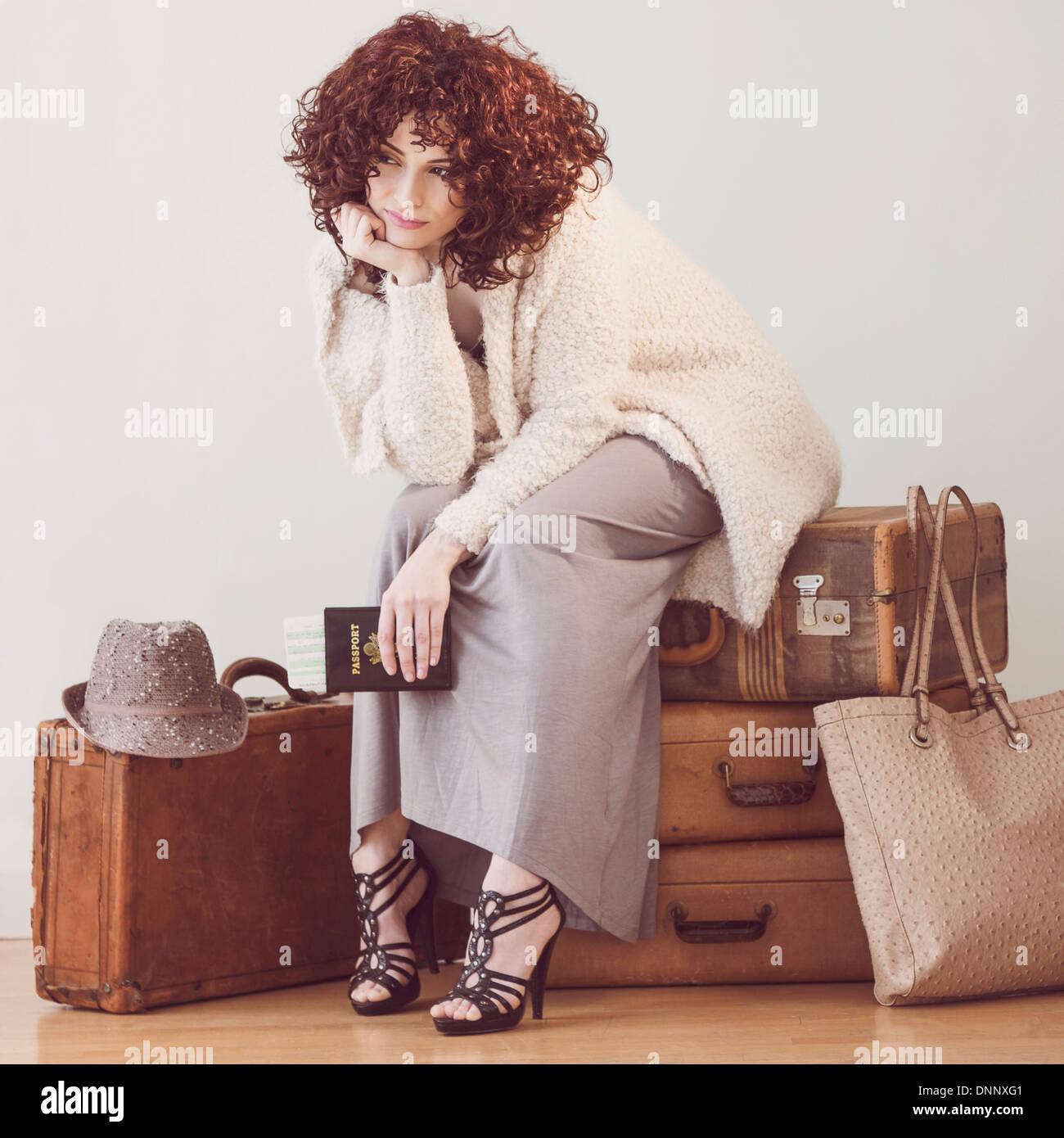 One woman only sitting white background full length hi-res stock ...