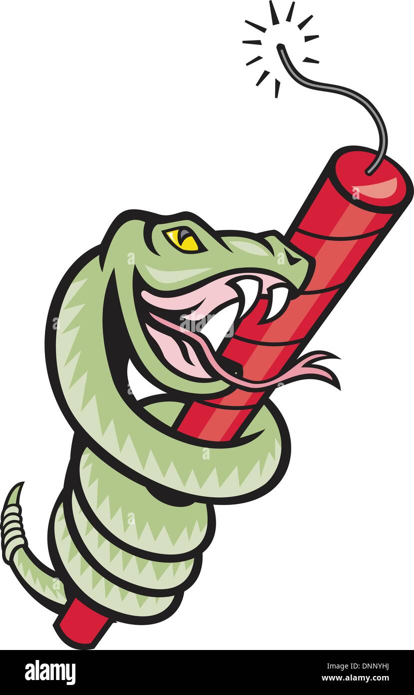 Illustration of a rattle snake coiling on dynamite stick about to ...