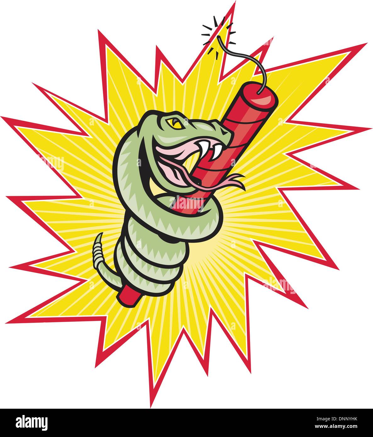 Illustration of a rattle snake coiling on dynamite stick about to ...