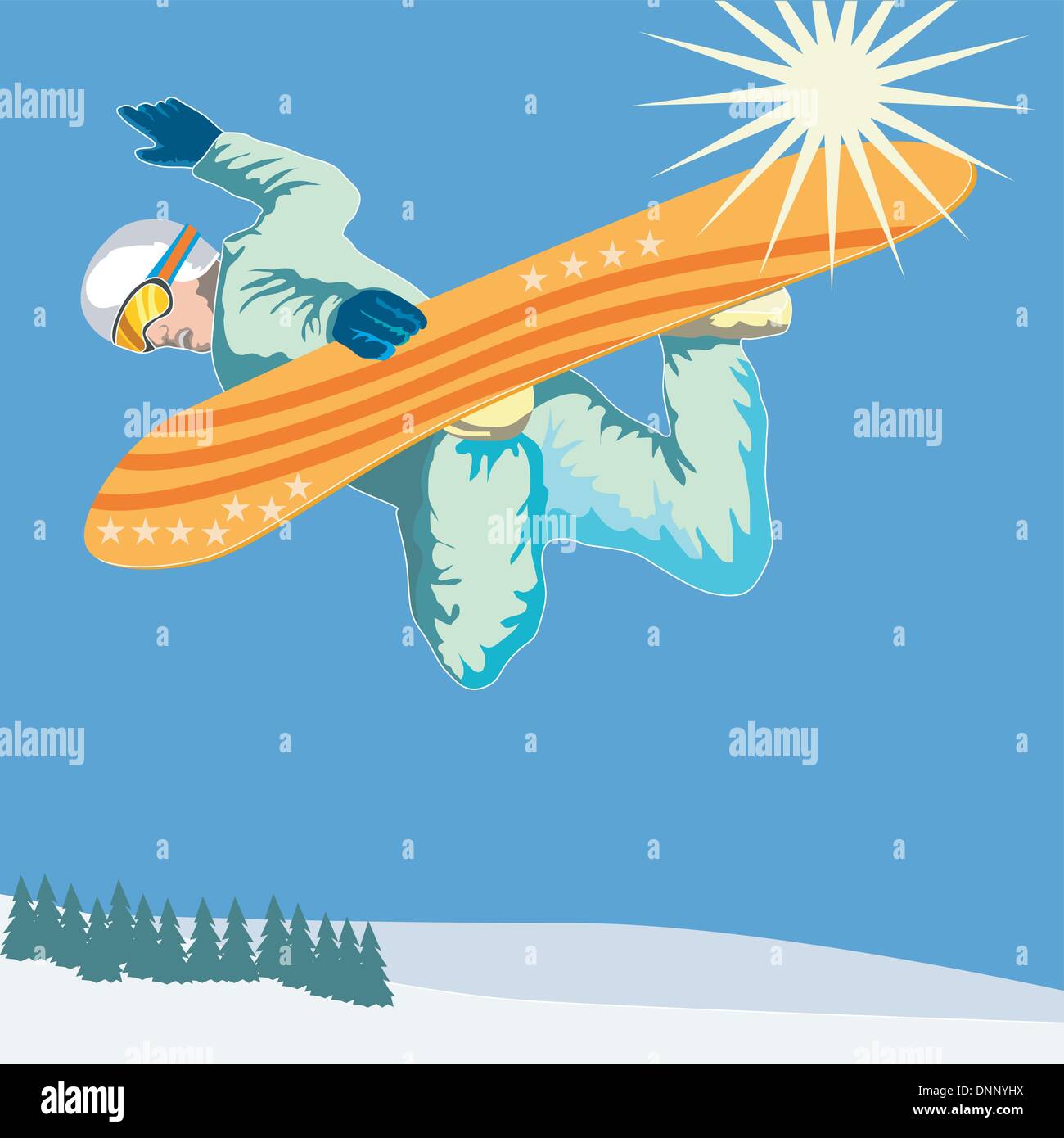 Illustration of a person snowboarding on air with sun in the background ...