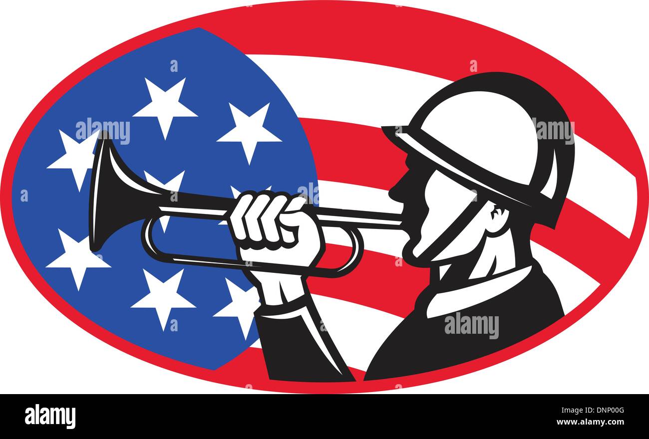 illustration of an American soldier with bugle and stars and stripes ...
