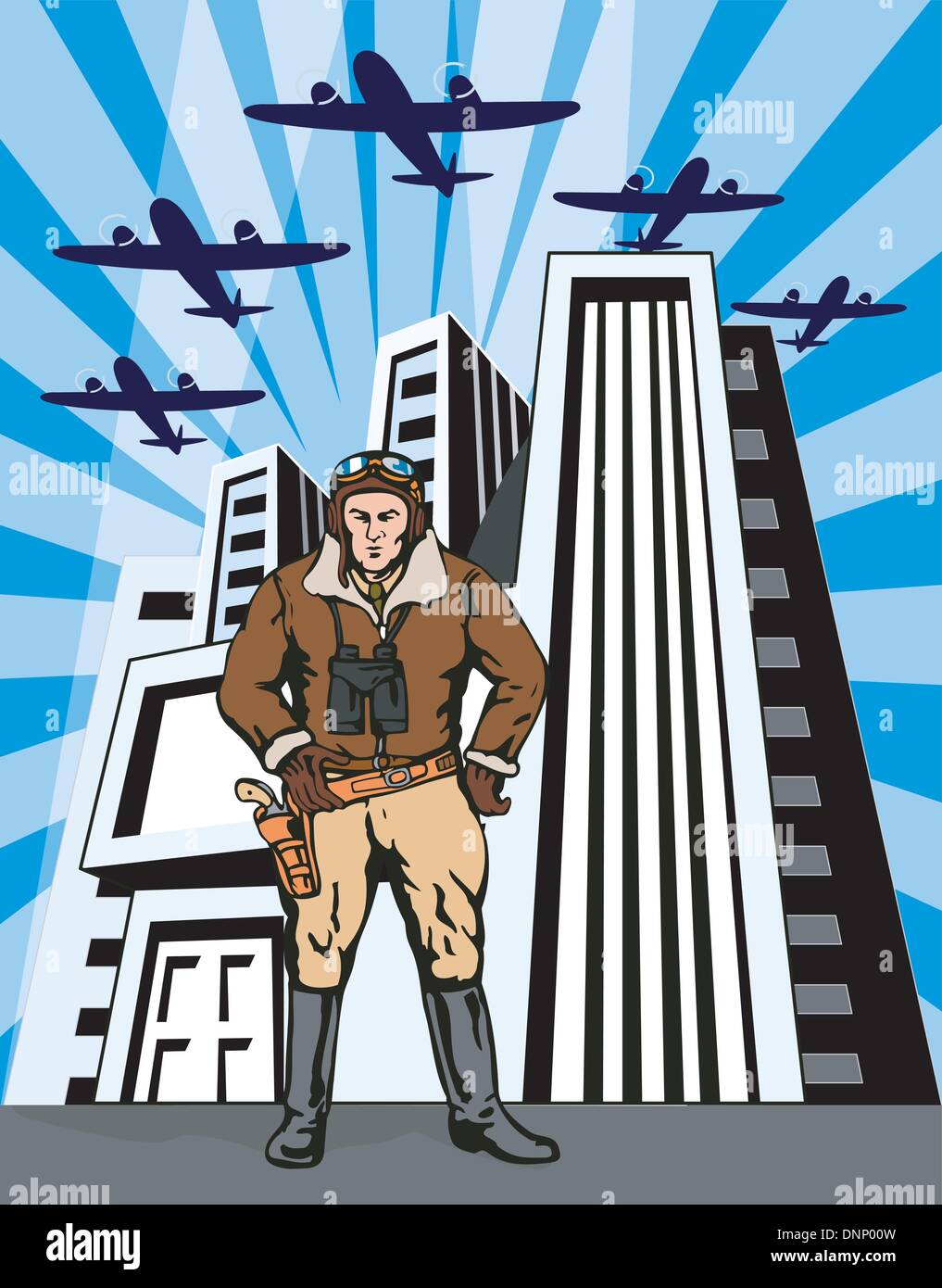 Illustration of a space cowboy standing with buildings skycrapers and ...