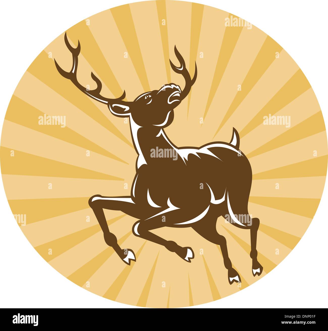 illustration of a stag deer jumping with sunburst in background done in ...