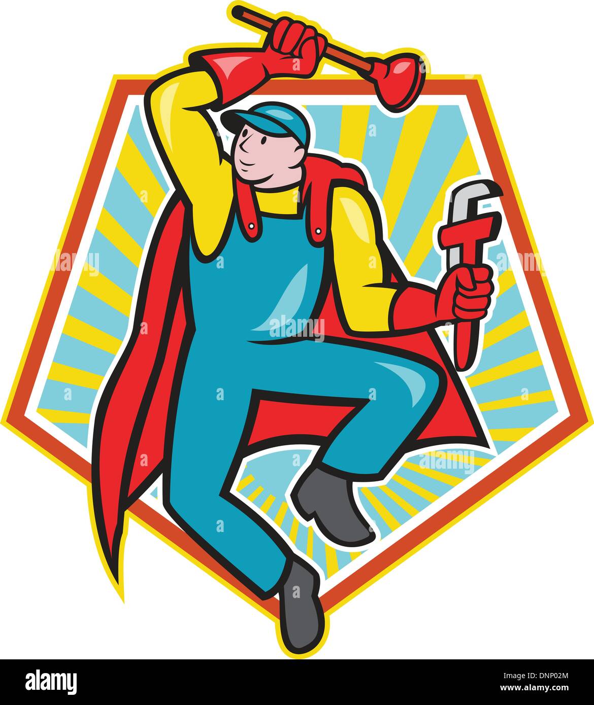 Illustration of a superhero super plumber jumping with cape holding ...