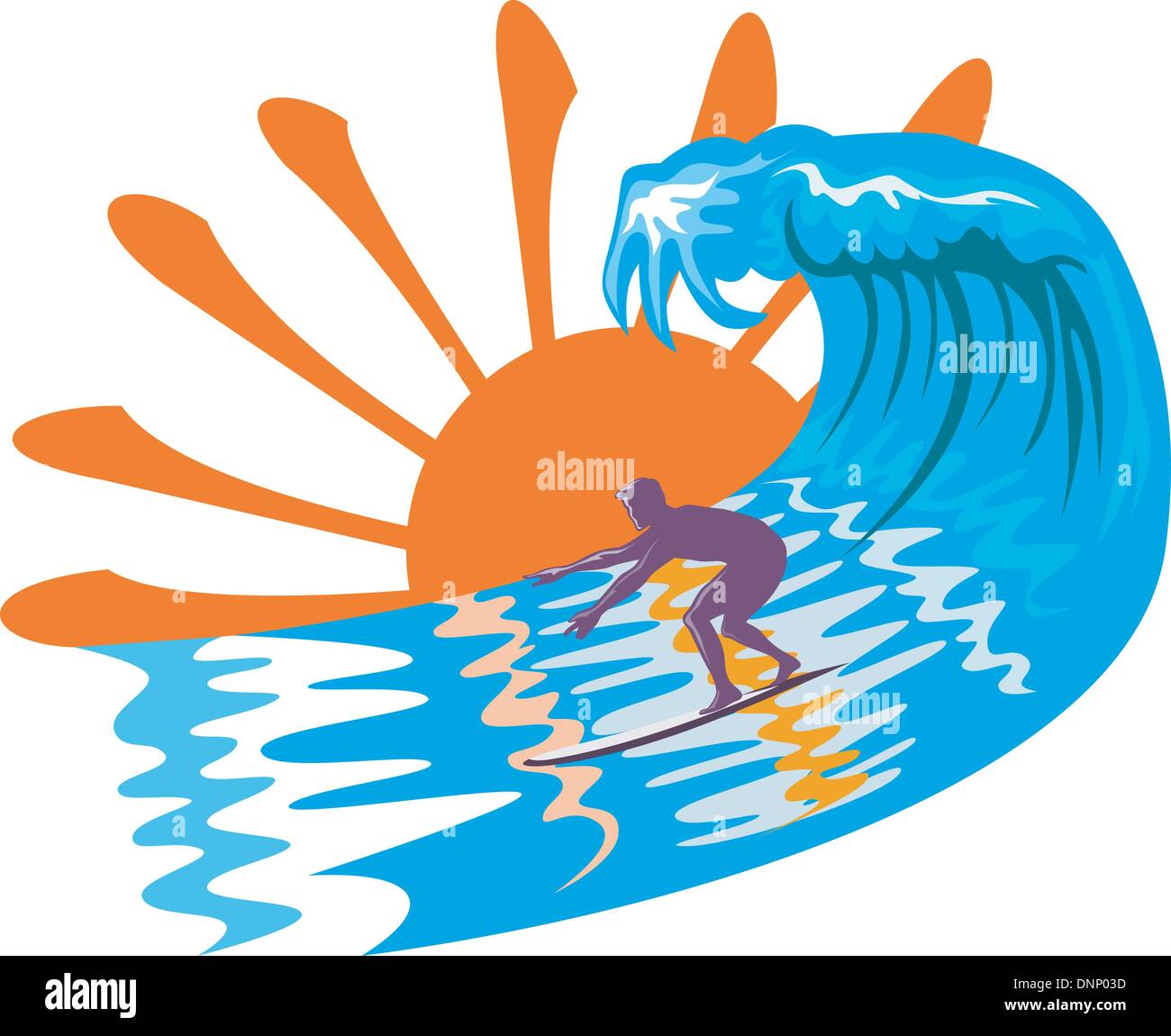 Illustration of a surfer on a wave with a sun behind him done in retro ...