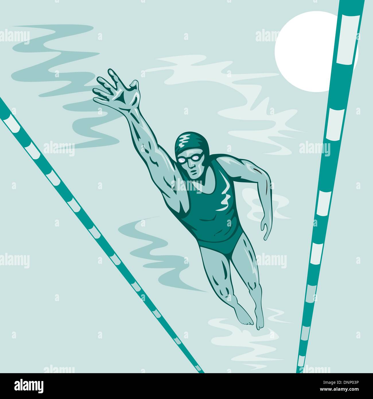 A swimmer doing freestyle viewed from the bottom done in retro style ...