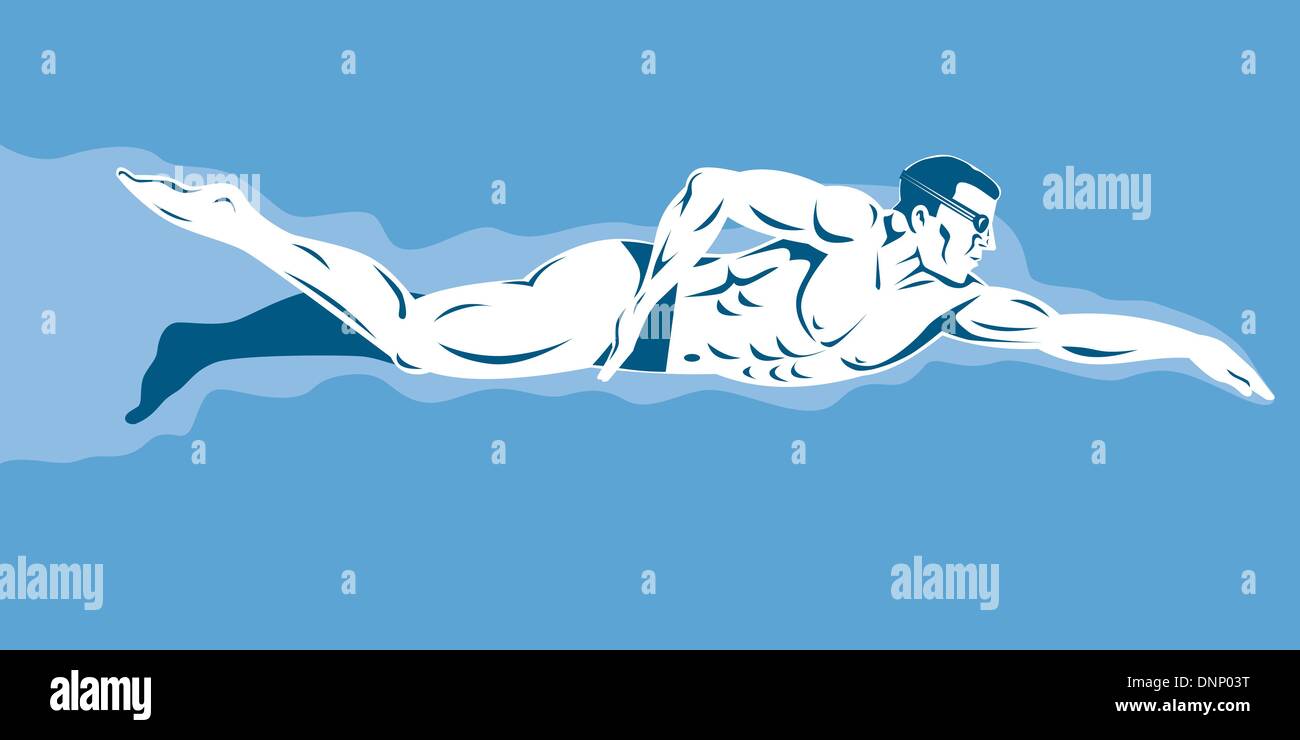 A swimmer doing freestyle viewed from the side done in retro style ...
