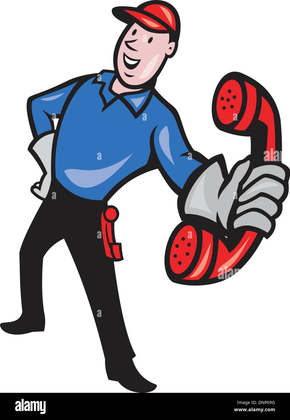 Illustration of telephone repairman worker tradesman holding out phone ...