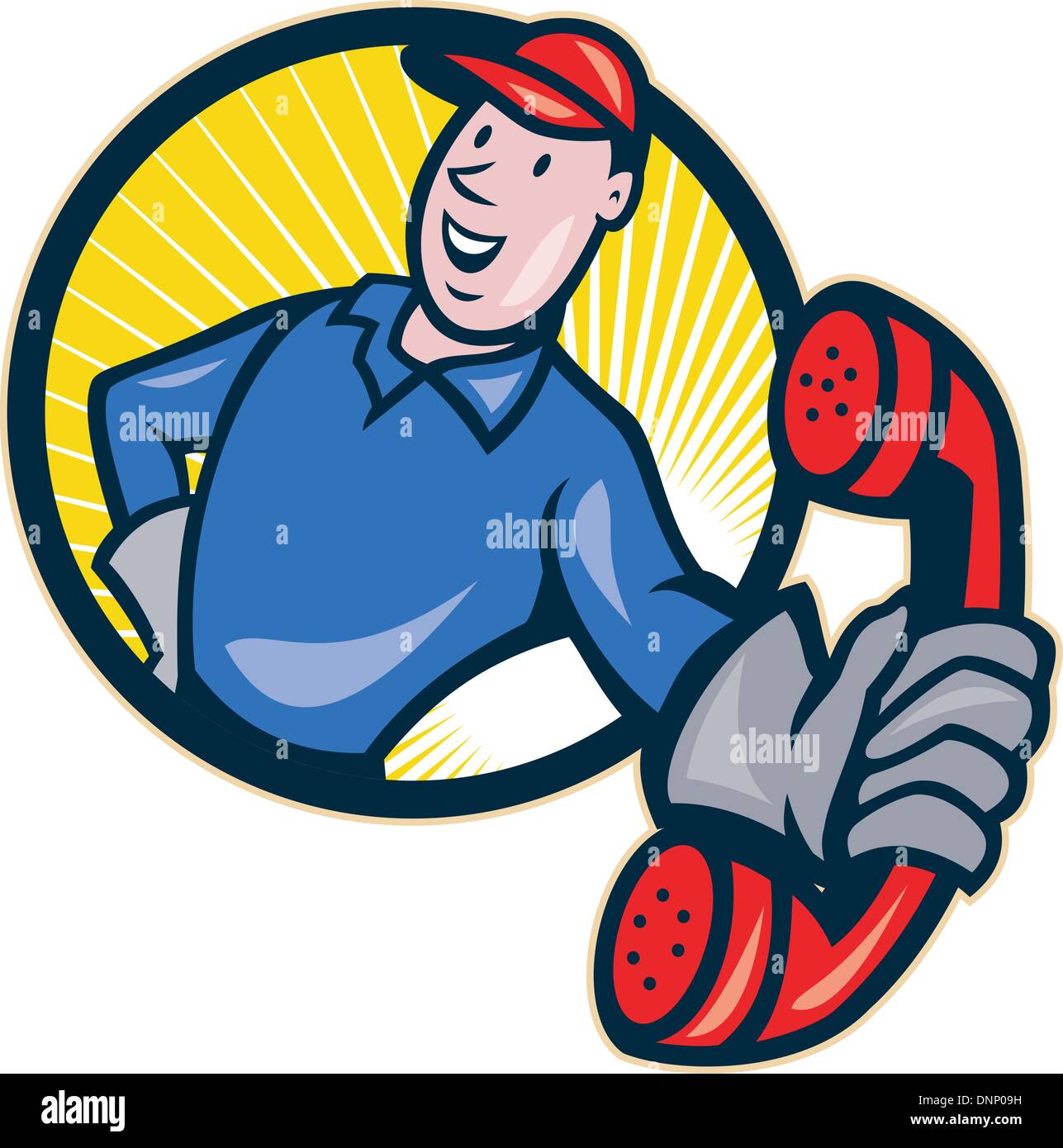 Illustration of telephone repairman worker tradesman holding out phone ...