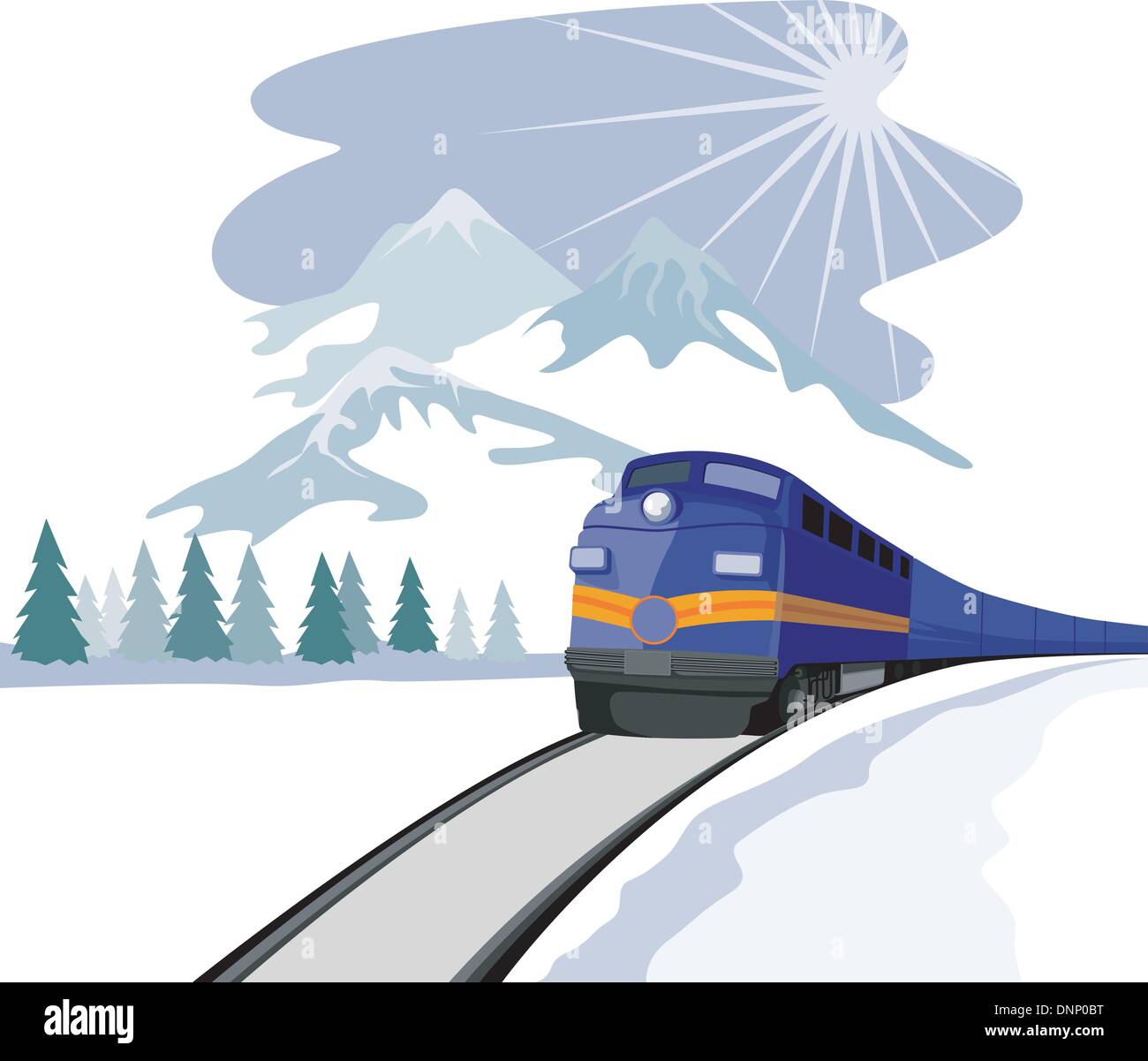 Illustration of a train heading front with sun and landscape in the ...