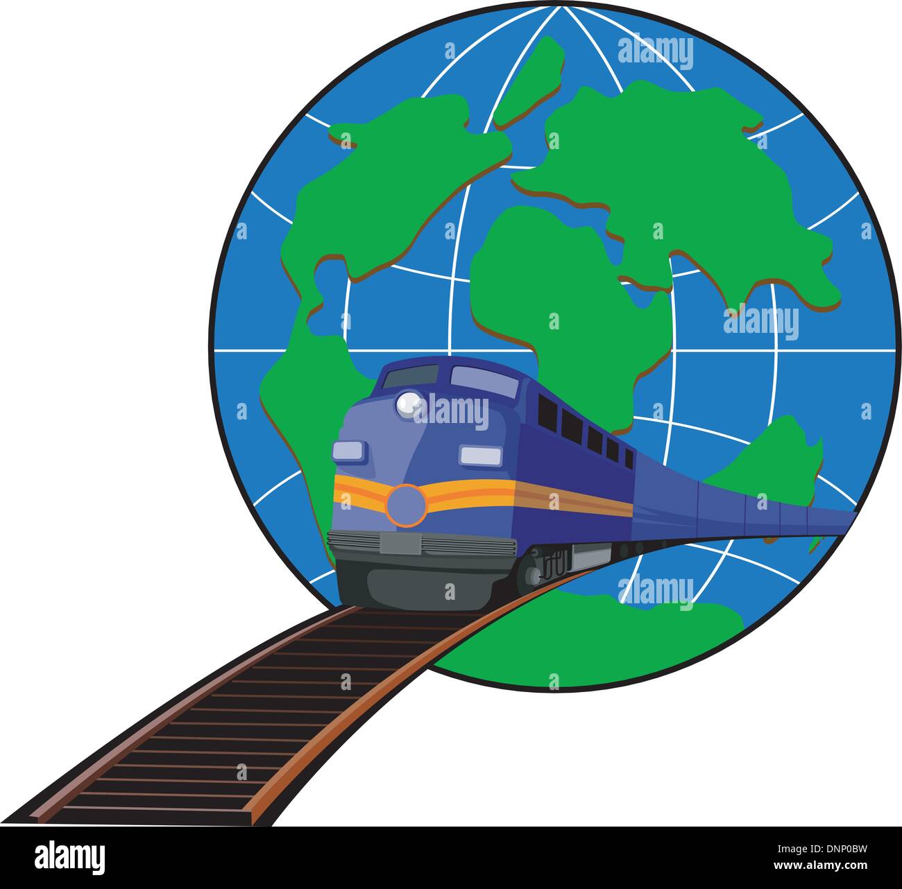 Illustration of a train heading front with globe in the background done ...