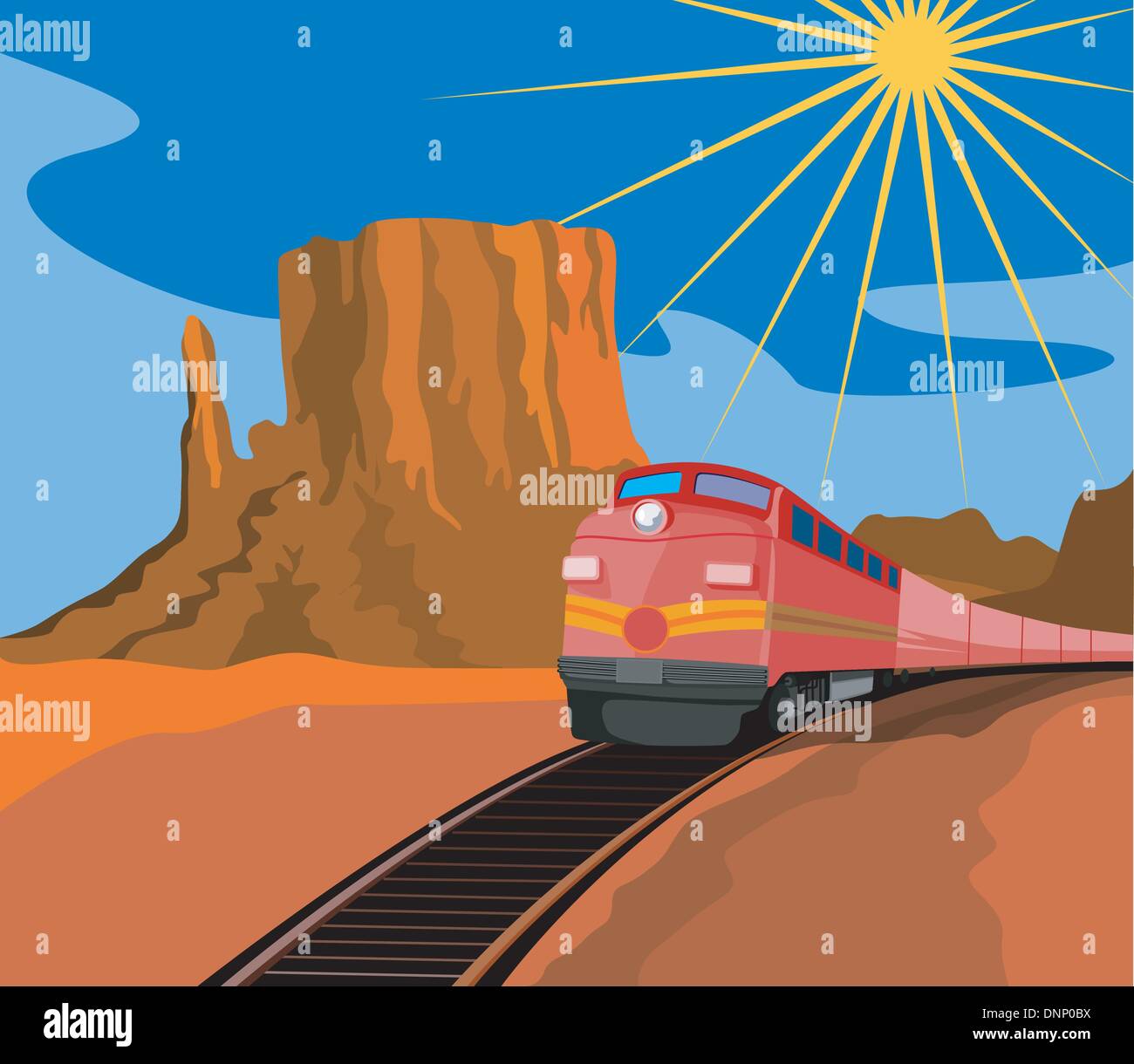 Illustration of a red train heading front with sun and desert in the ...