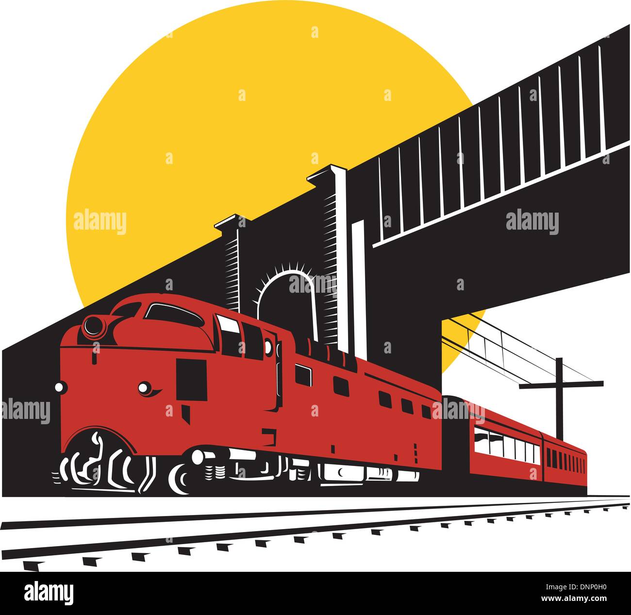 illustration of a diesel train locomotive passing under viaduct bridge ...