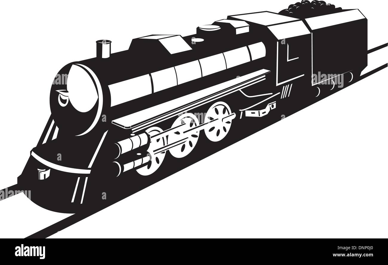 illustration of a steam train locomotive coming up on railroad done in ...