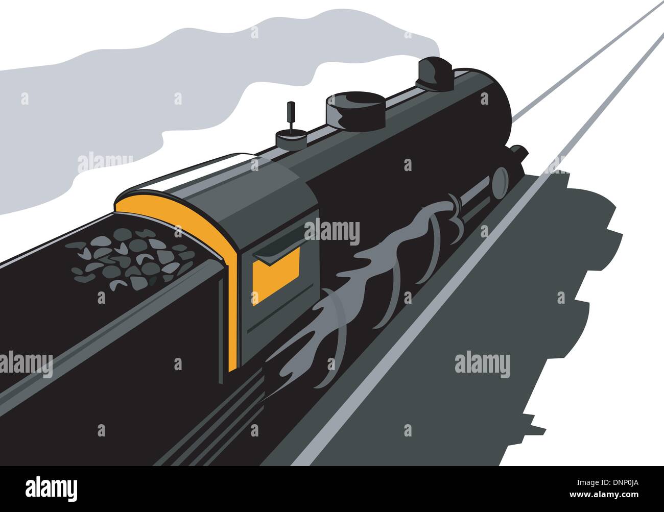 illustration of a steam train locomotive coming up on railroad done in ...