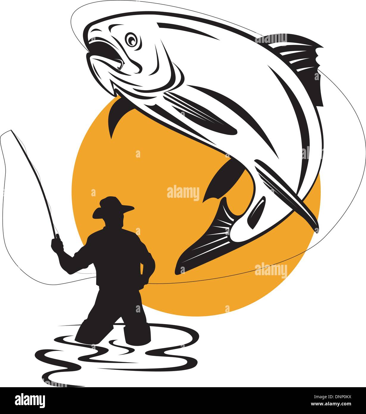 illustration of a trout fish jumping being reeled by fly fisherman done ...