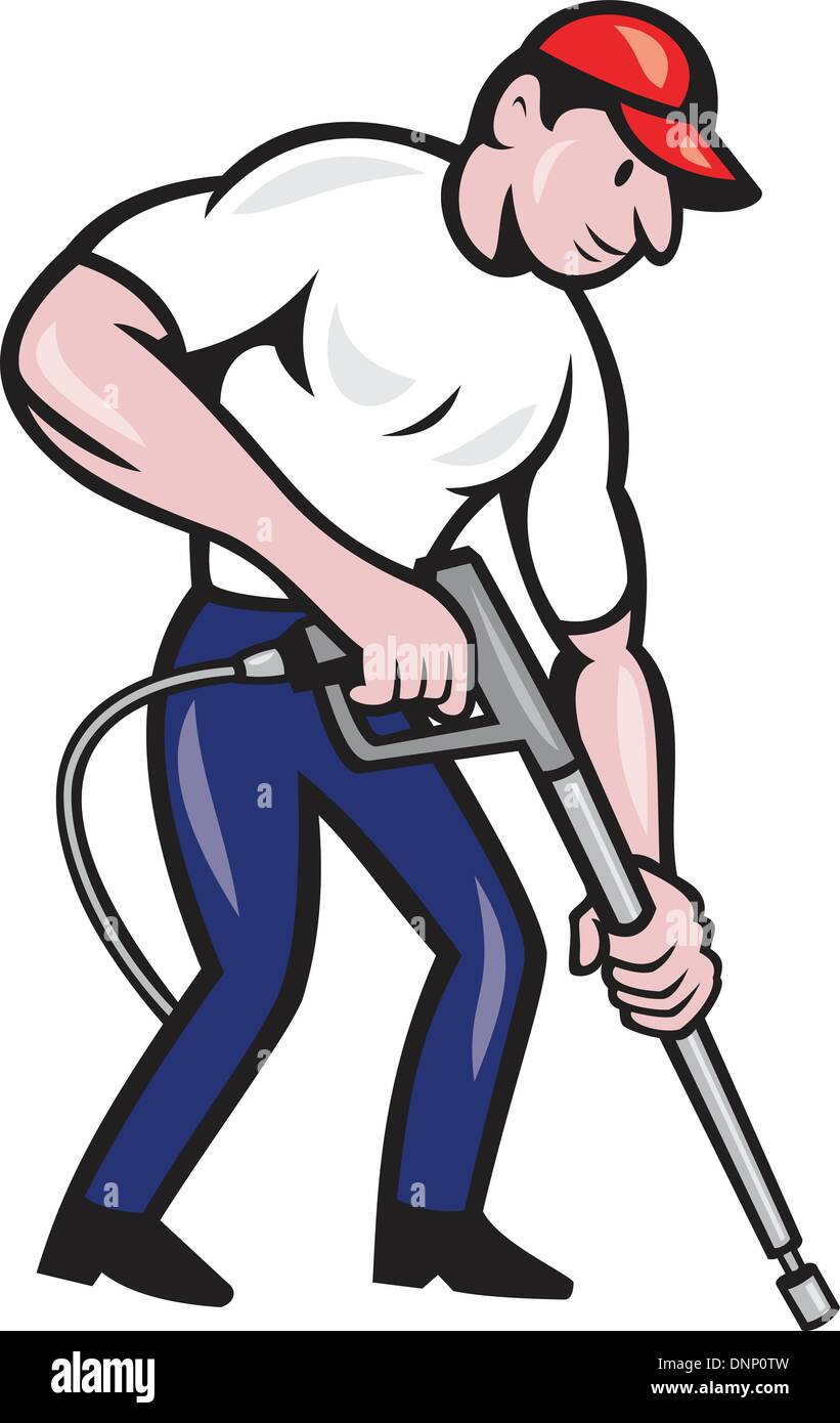 Illustration of a worker with water blaster pressure power washing ...
