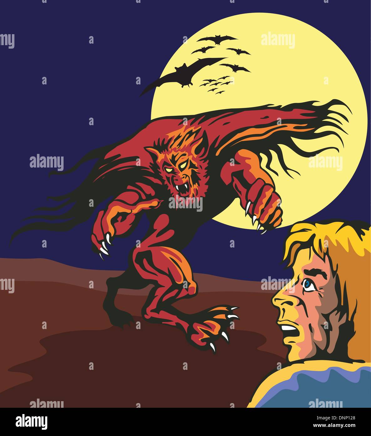 Illustration of a man looking at a werewolf with bats and full moon in ...