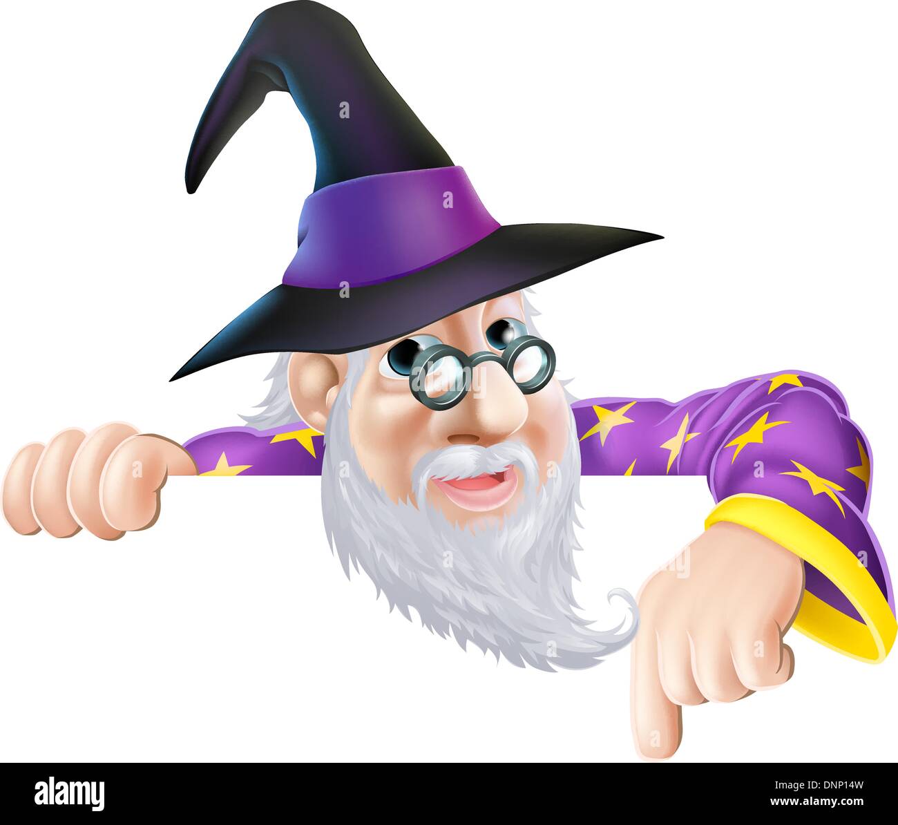 An illustration of a wizard cartoon character peeking over a sign or ...