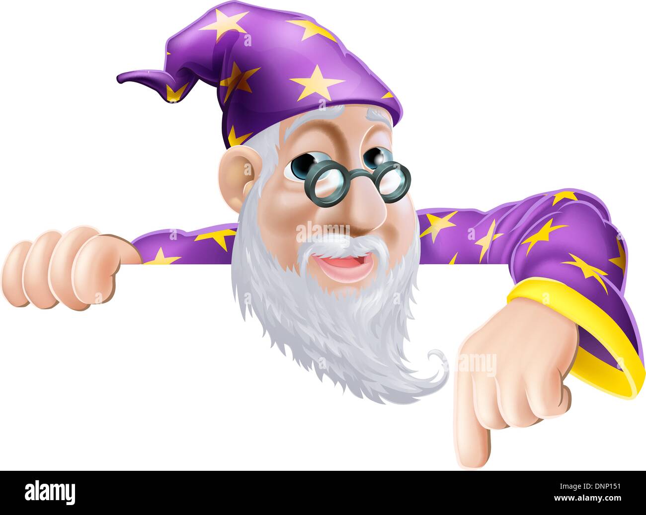 An illustration of a cute friendly old wizard character above a sign or ...