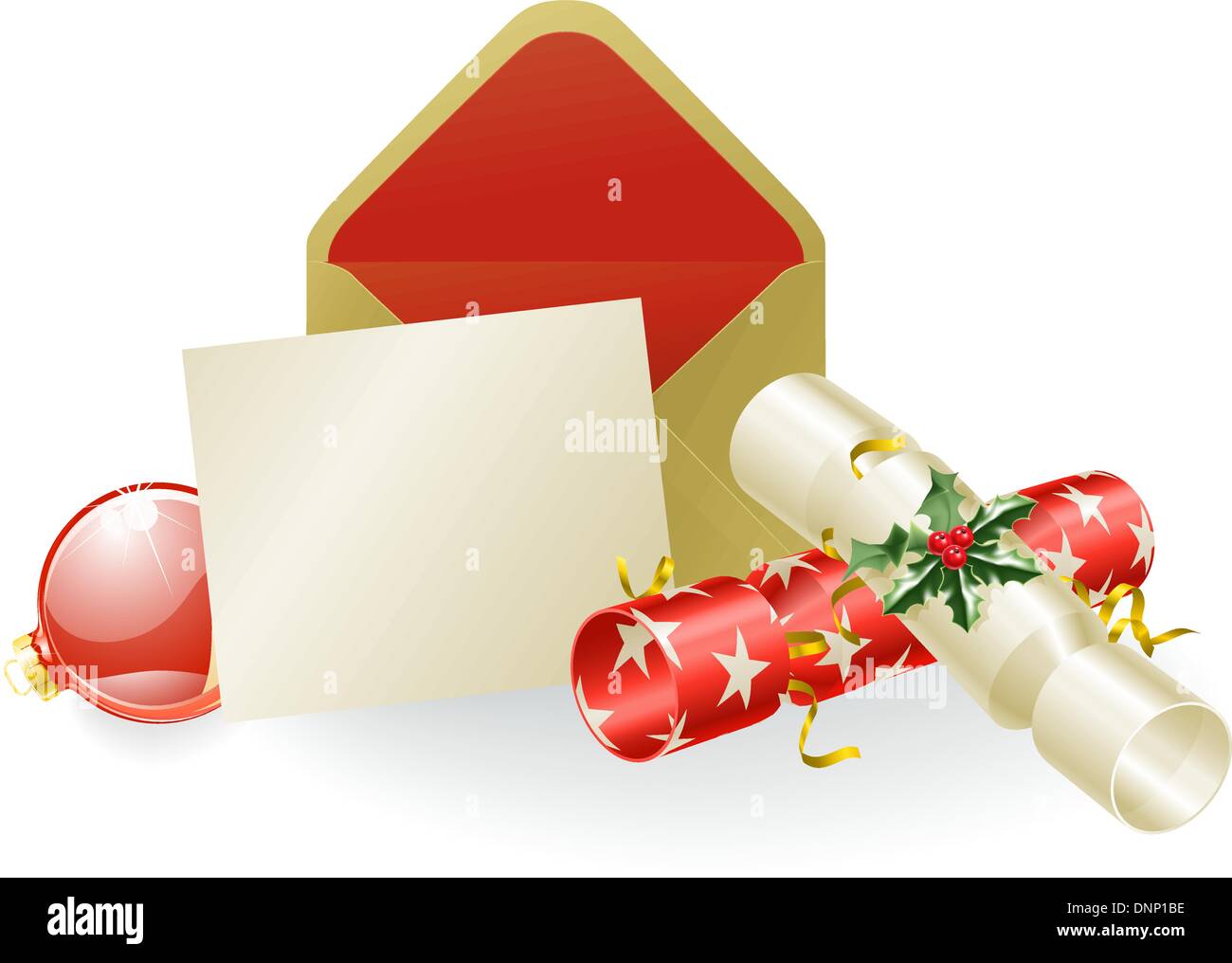 Illustration of a Christmas message with crackers and baubles. Space ...