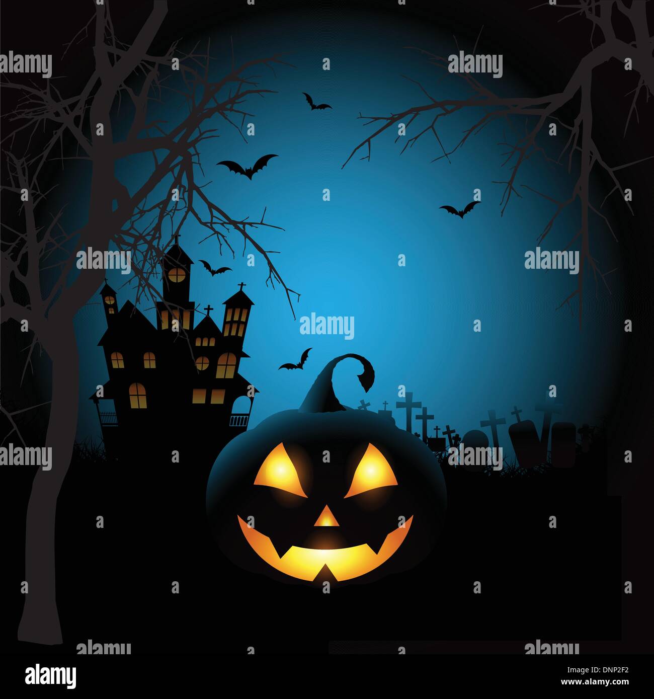 Spooky Halloween background with a pumpkin and haunted house Stock ...