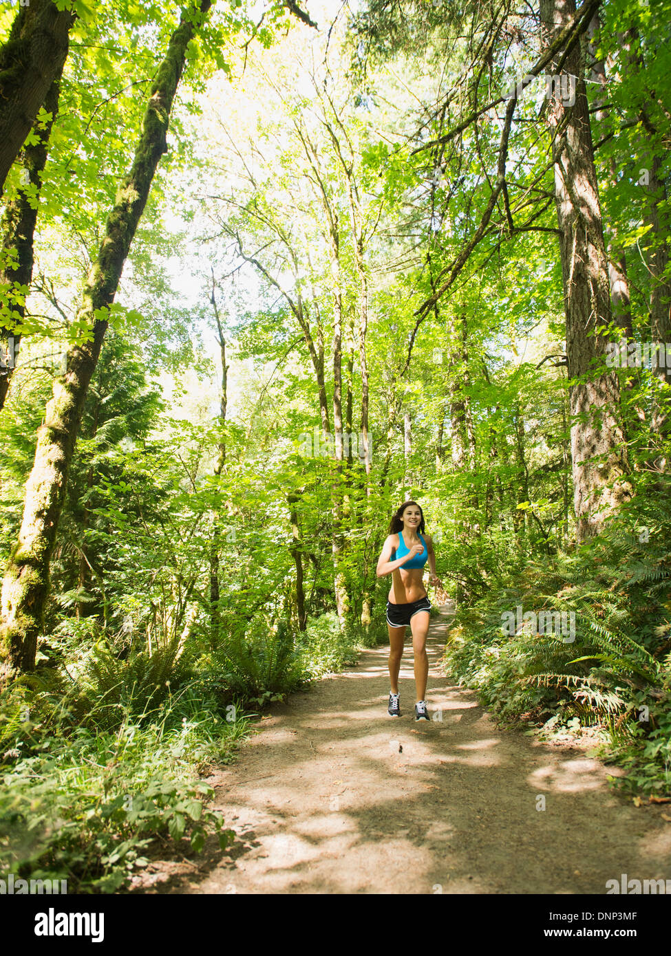 Woman jogging in forest hi-res stock photography and images - Alamy