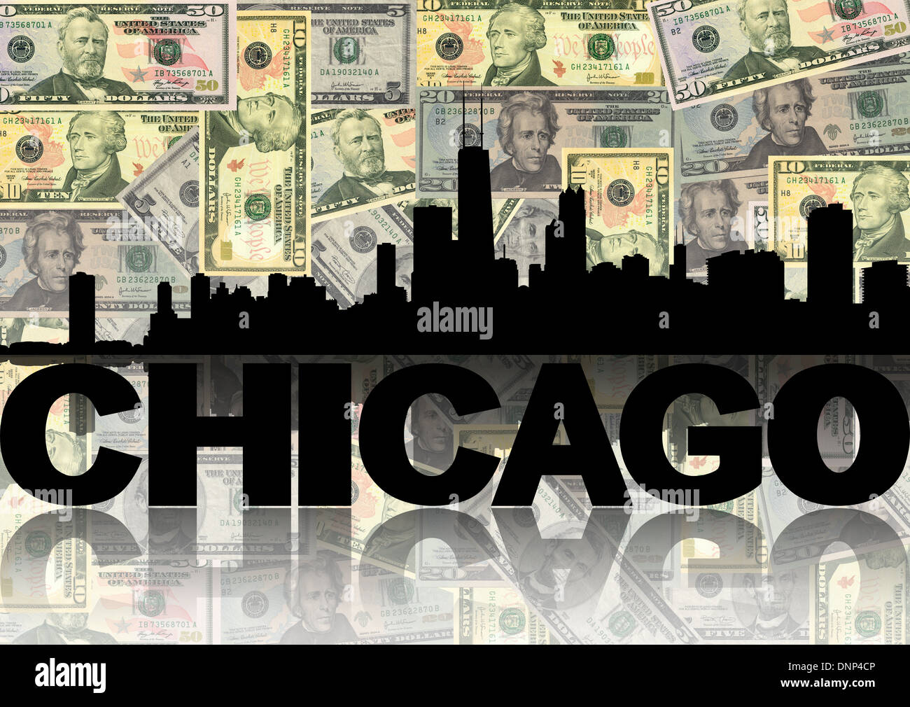 Chicago skyline reflected with dollars illustration Stock Photo - Alamy